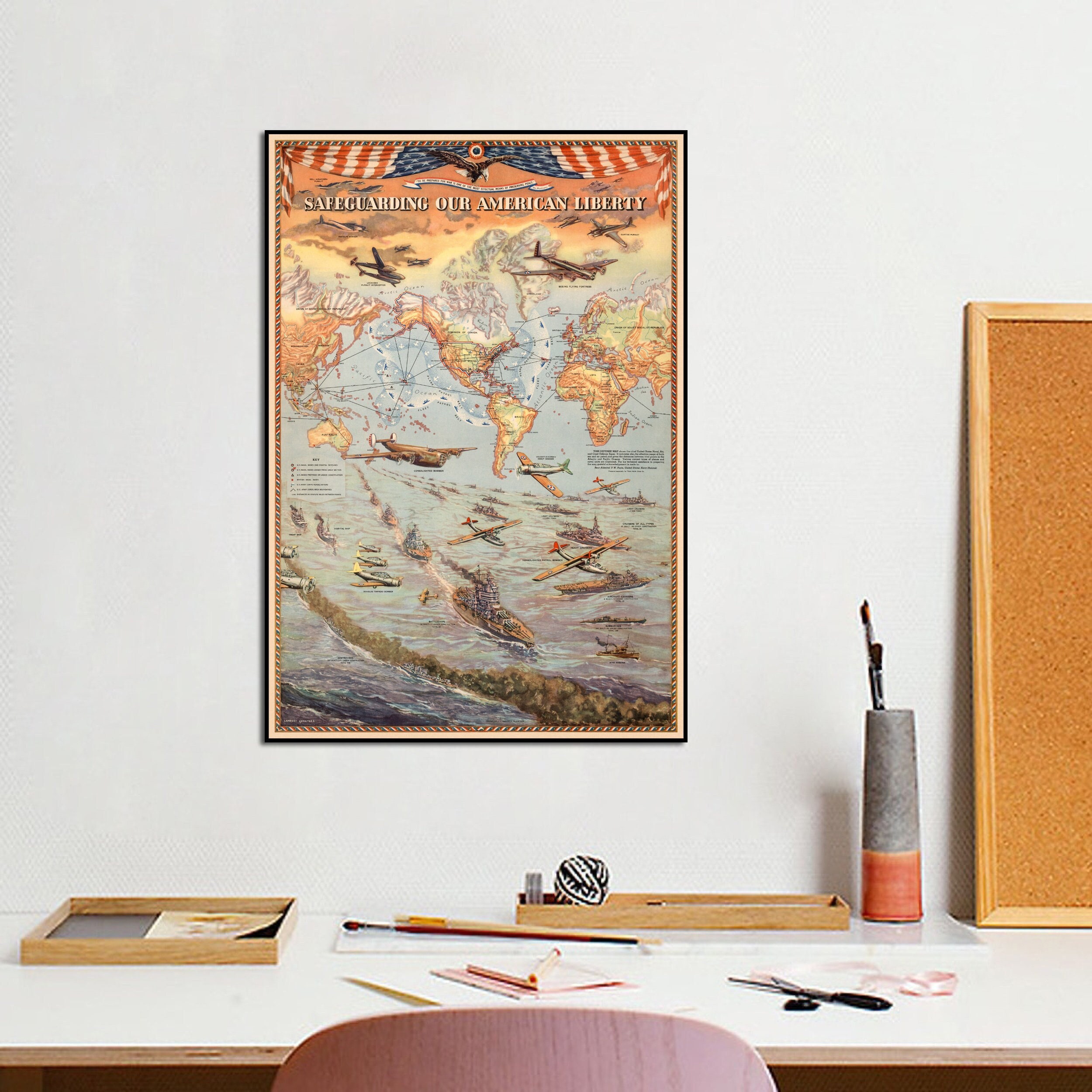 1941 WW2 Map Poster Print Safeguarding Our American Liberty World War 2 ...