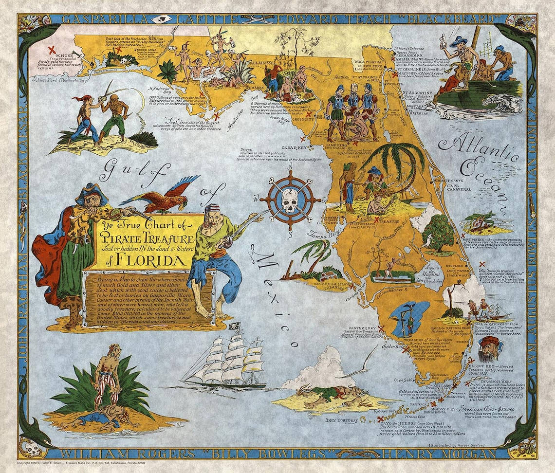 1960 Florida Pictorial Map Old Pirate Treasure Map Florida - Etsy