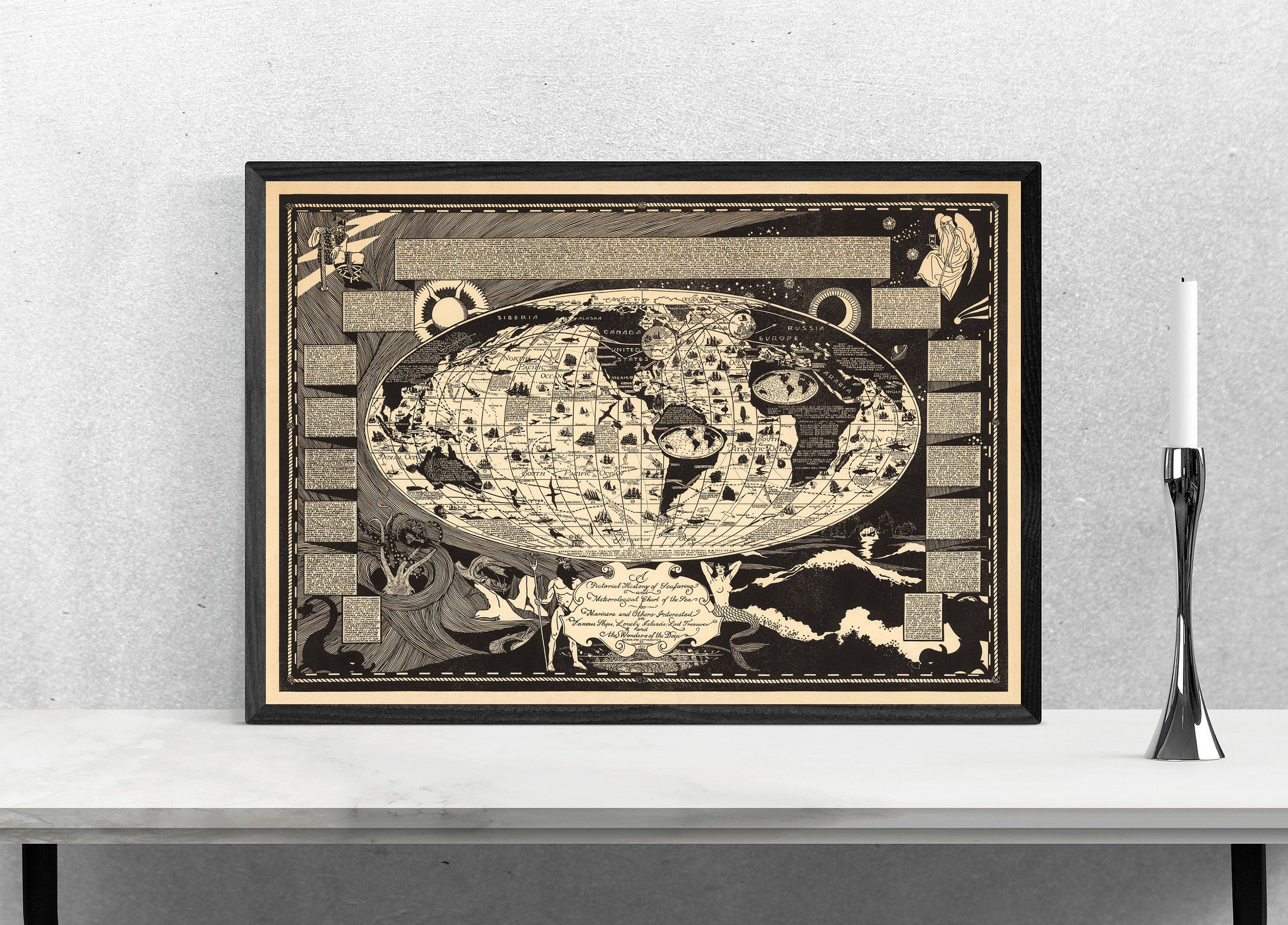 1935 World Map Oceans Map Wall Art Pictorial Sea Map Meteorological ...