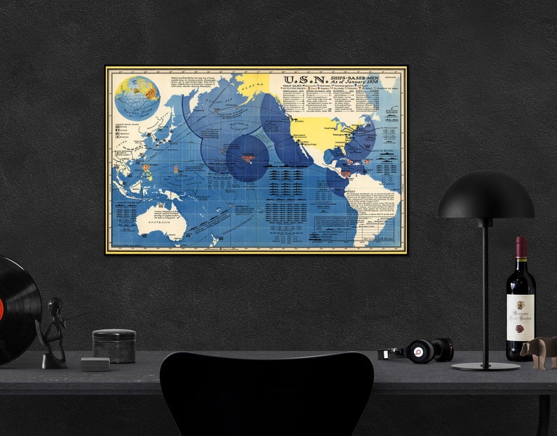 1938 World War 2 Map U.S. Navy Ships Map World War II Poster WW2 Map ...