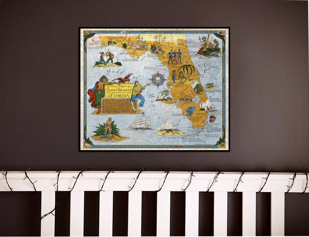 1960 Florida Pictorial Map - Old Pirate Treasure Map - Florida Poster ...