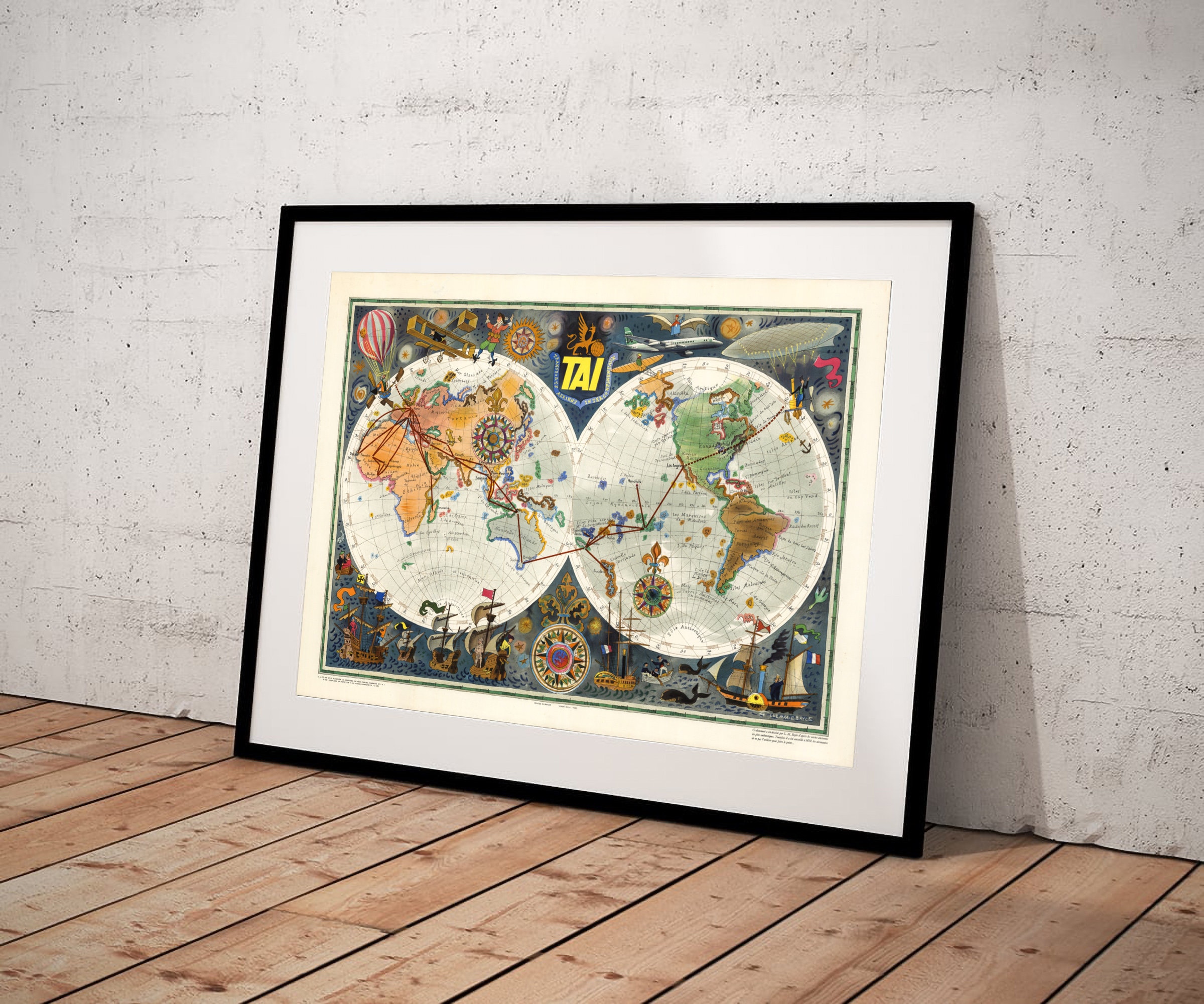 1960 World Map Print Vintage Hemisphere Print Art French - Etsy