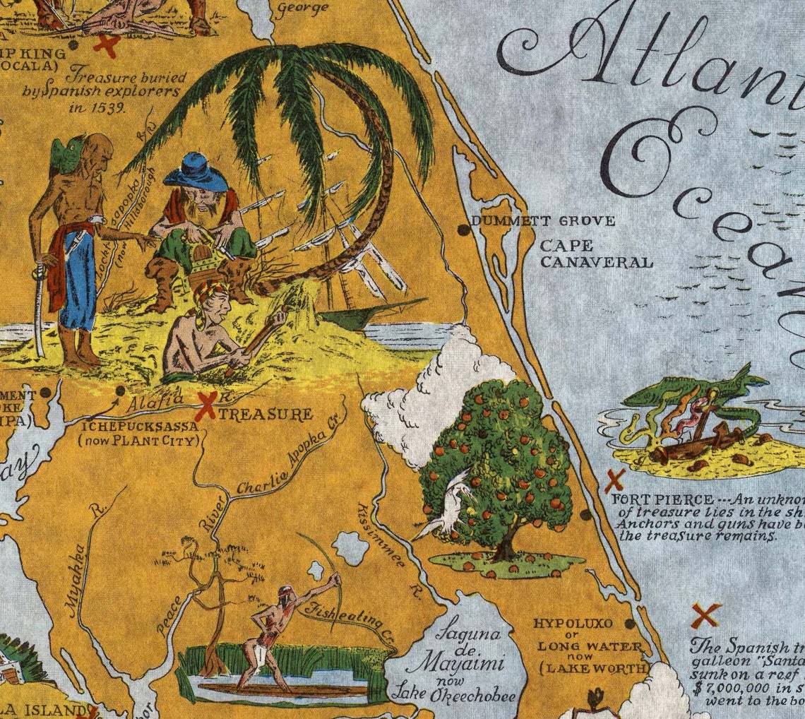 1960 Florida Pictorial Map Old Pirate Treasure Map Florida - Etsy