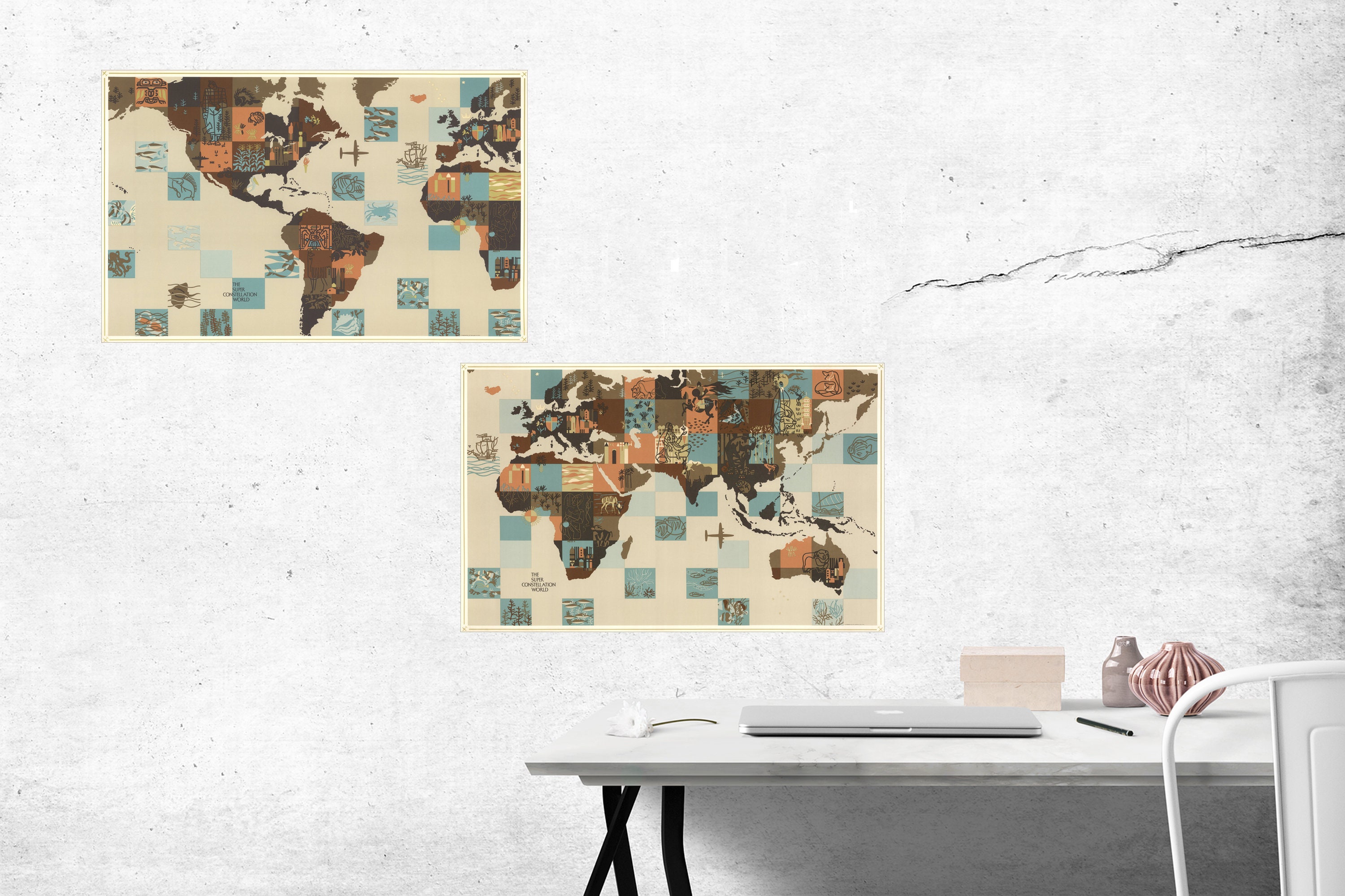 1955 World Map Print Set of 2 World Map Poster Aircraft Wall Print Set ...