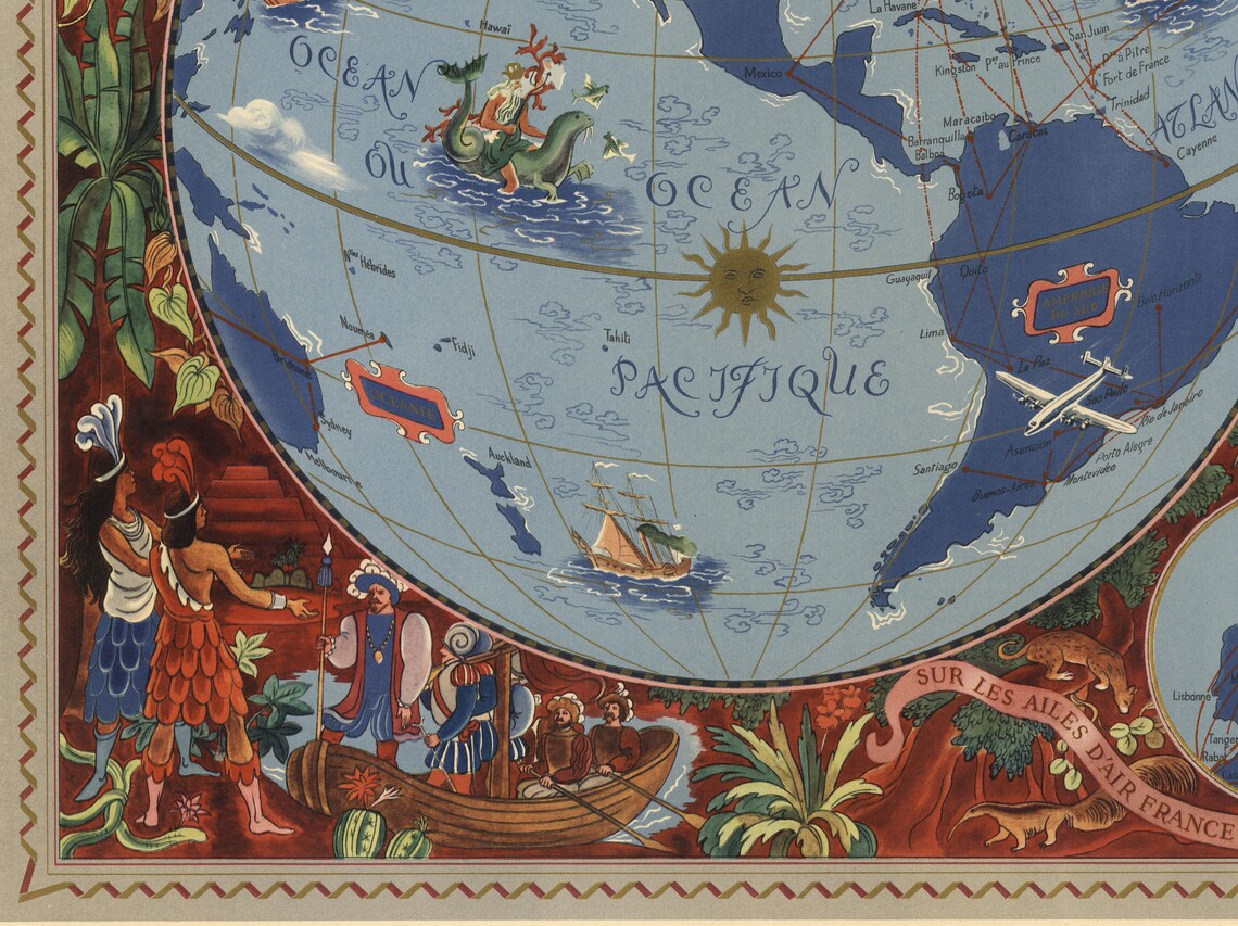 1952 Vintage World Map Air France Airlines Routes Map Print From Paris ...