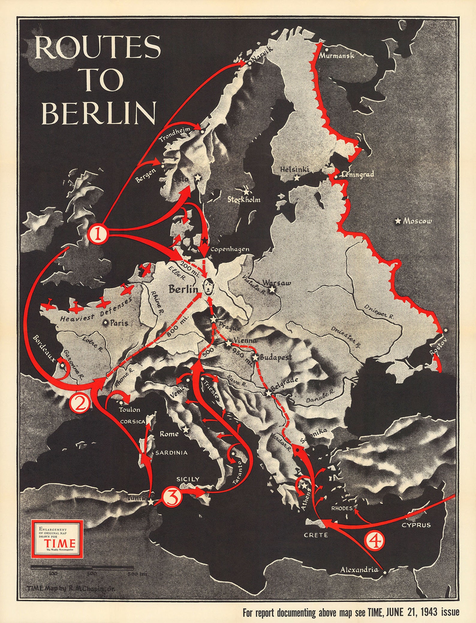 1943 World War 2 Map Vintage Time Magazine Print Routes to Berlin ...