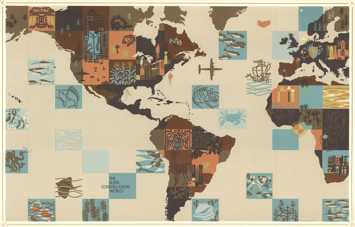 1955 World Map Print Set of 2 World Map Poster Aircraft - Etsy UK