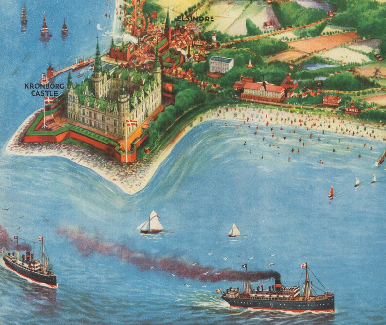 1930 Danish Riviera Map Copenhagen Map Print Denmark Map - Etsy