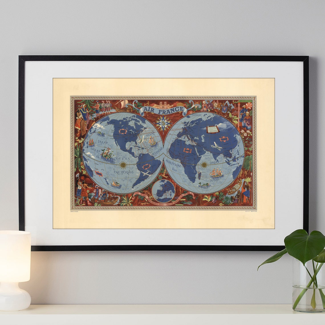 1952 Vintage World Map Air France Airlines Routes Map Print From Paris ...