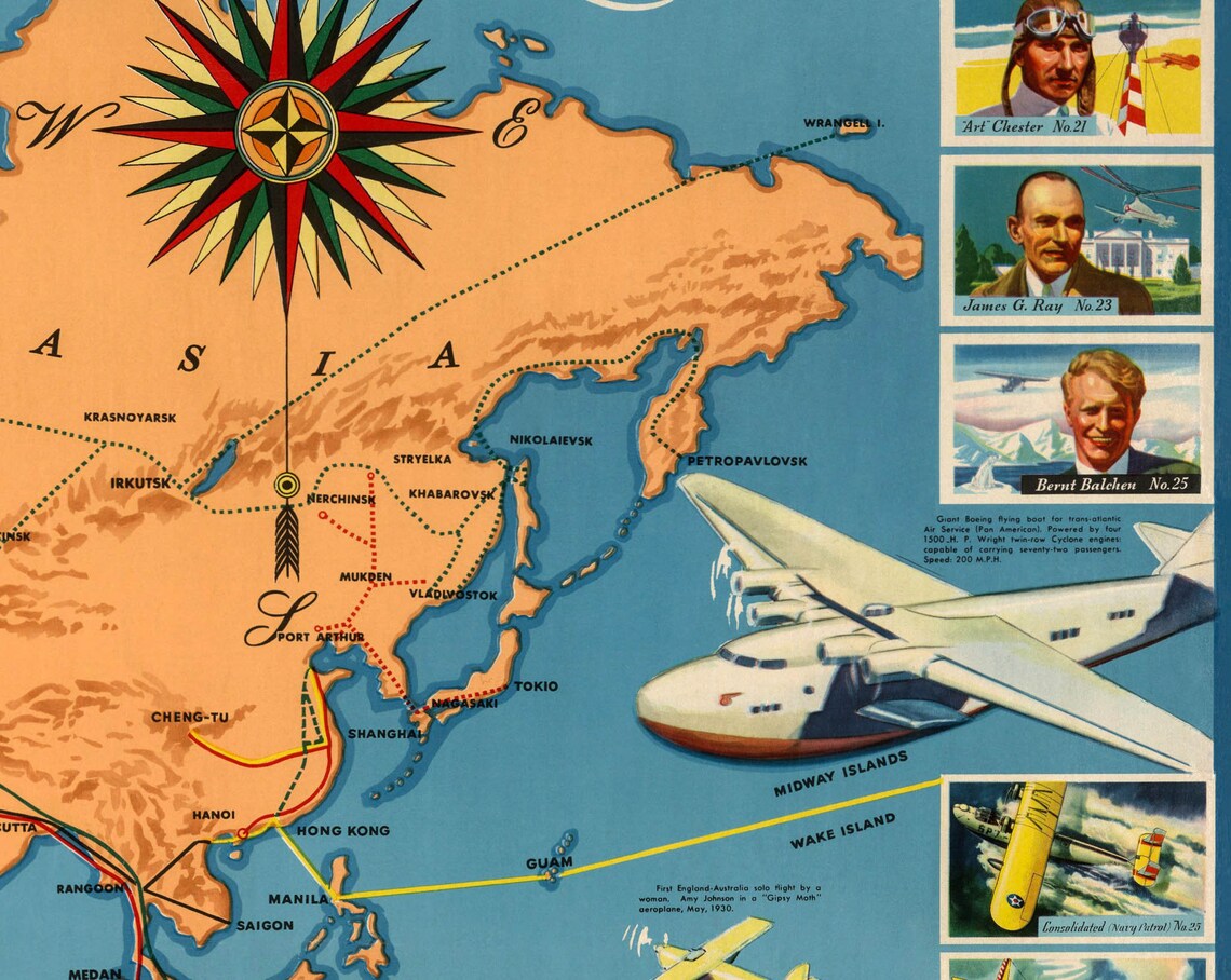 1937 Aviation Poster Famous Flights and Air Routes of the - Etsy