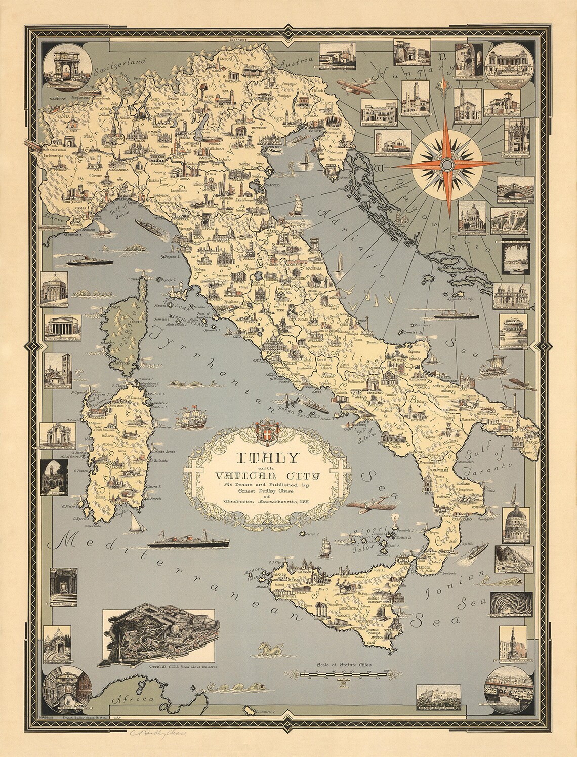 1935 Italy Map Print Vintage Poster Map Italy With Vatican | Etsy