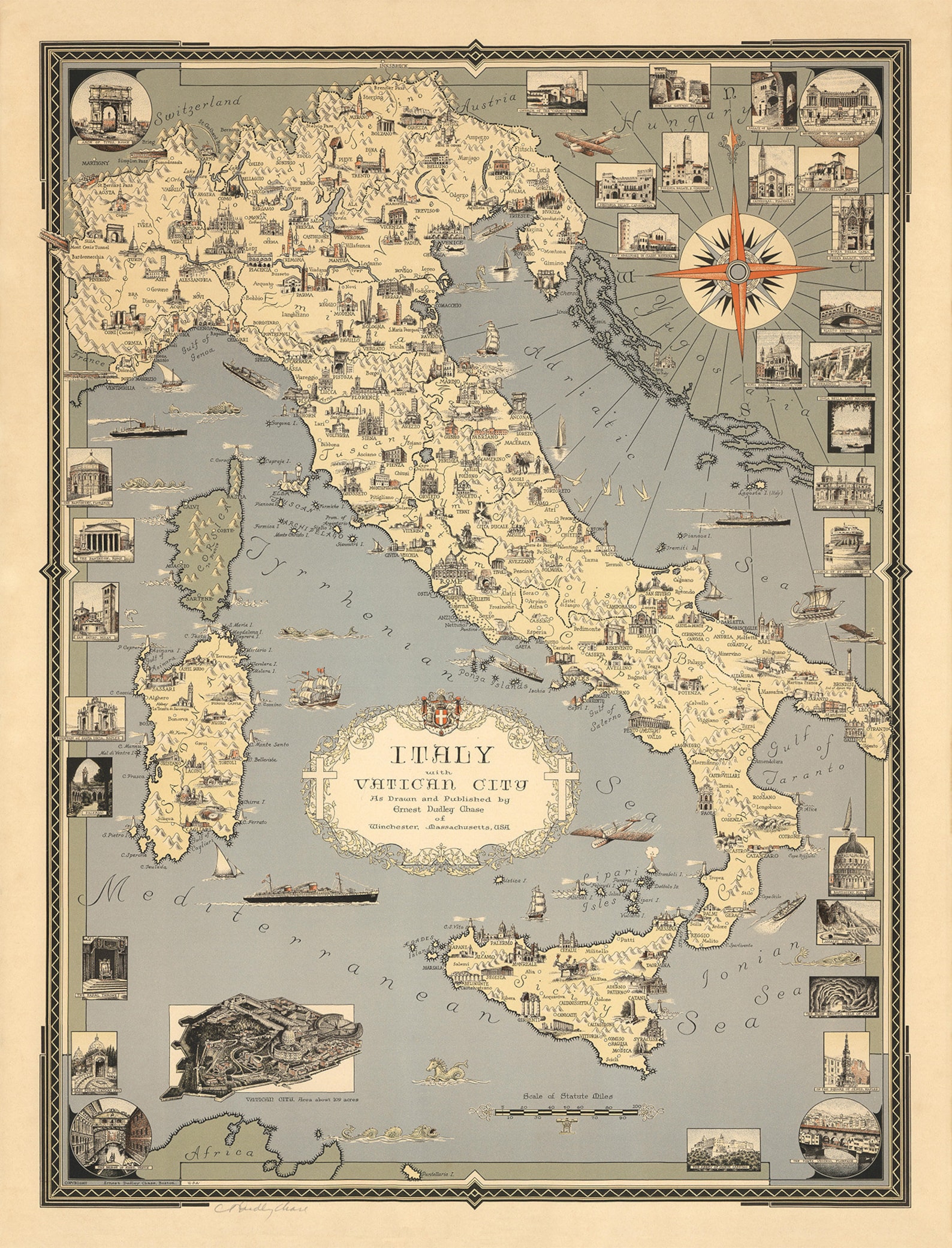 1935 Italy Map Print Vintage Poster Map Italy With Vatican | Etsy