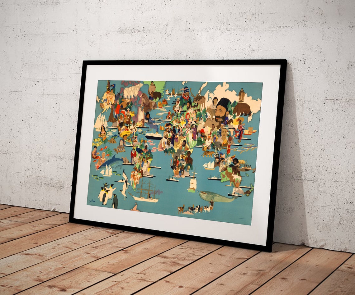 1950 World Map Print Pictorial World Map Poster World - Etsy