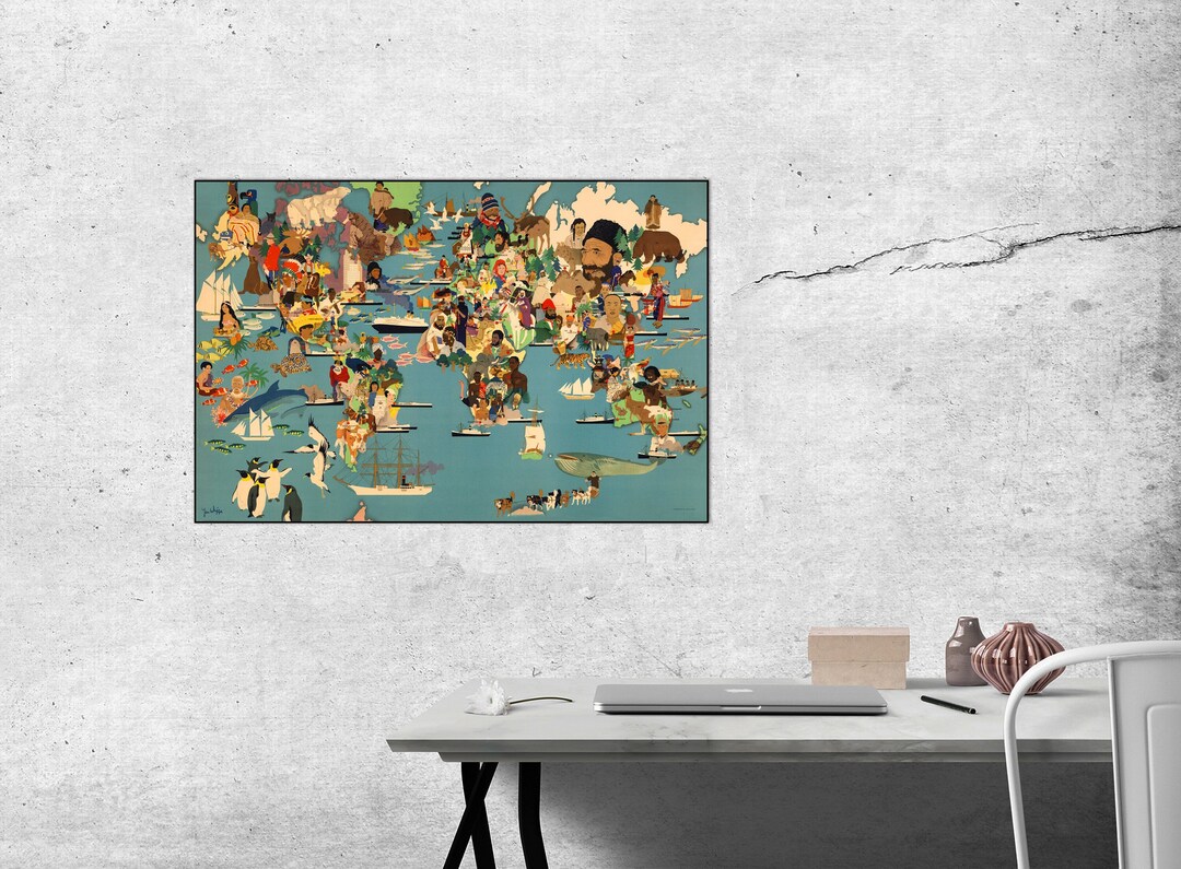 1950 World Map Print - Pictorial World Map Poster - World Travel Map ...