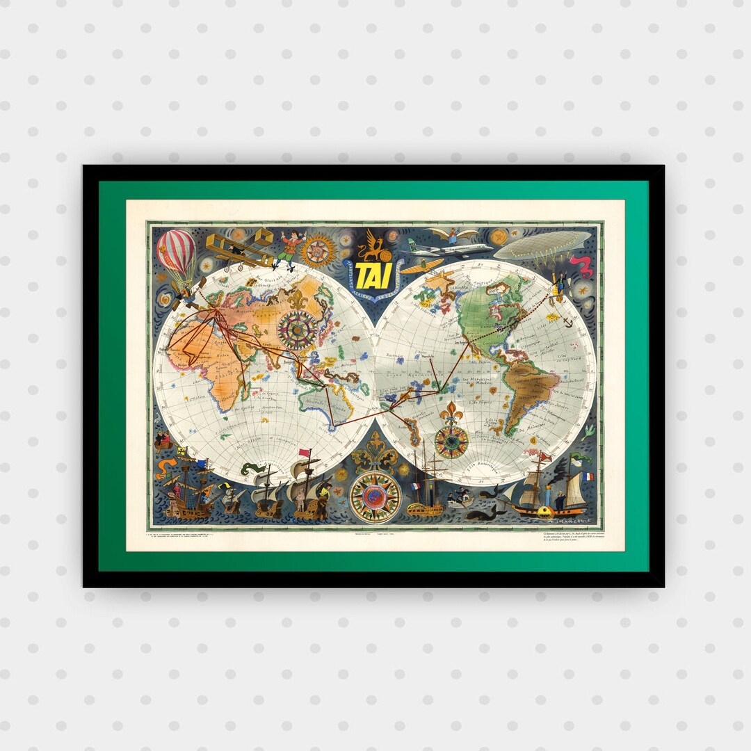1960 World Map Print - Vintage Hemisphere Print Art - French World Map ...