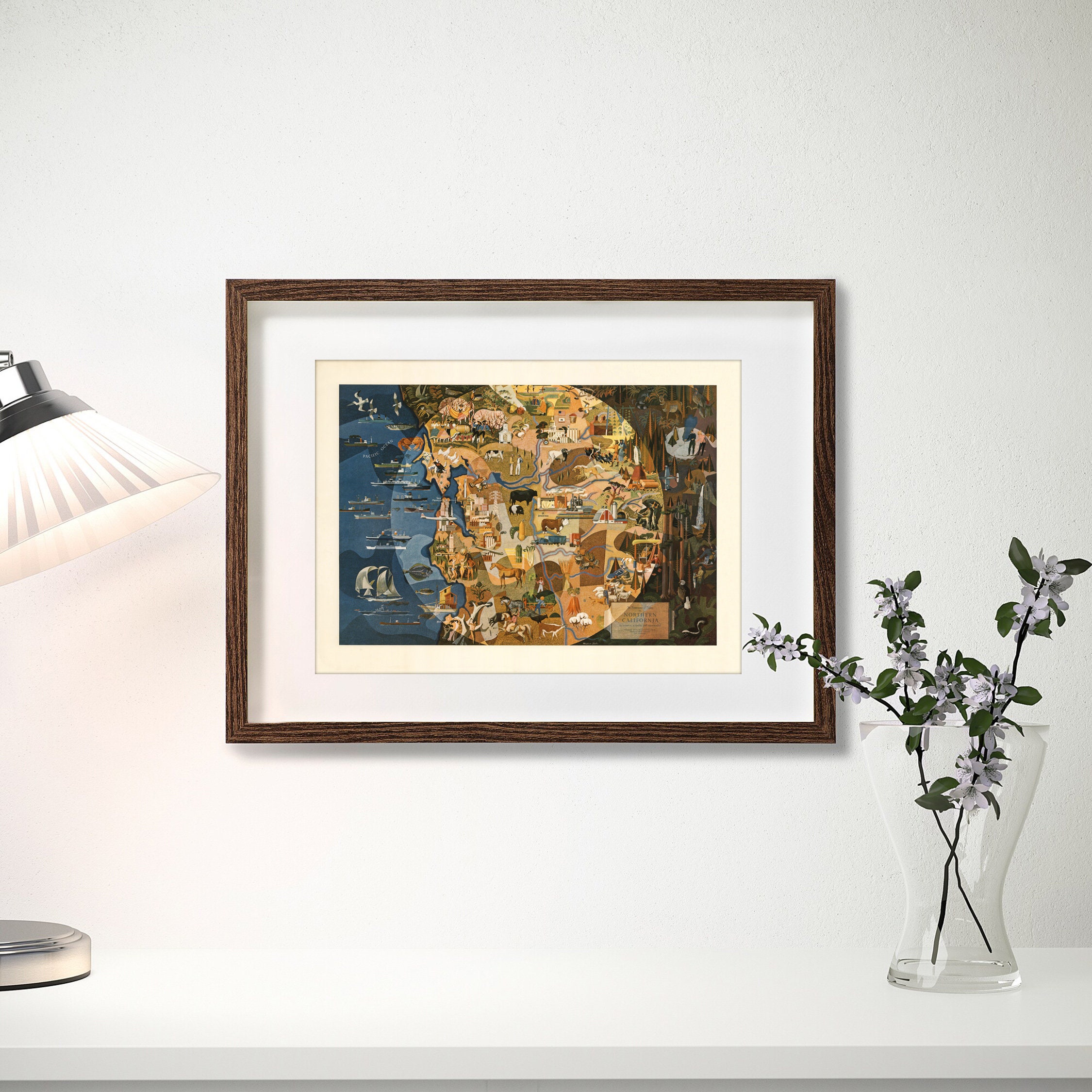 1950 Northern California Map Vintage Pictorial Illustrated Map ...