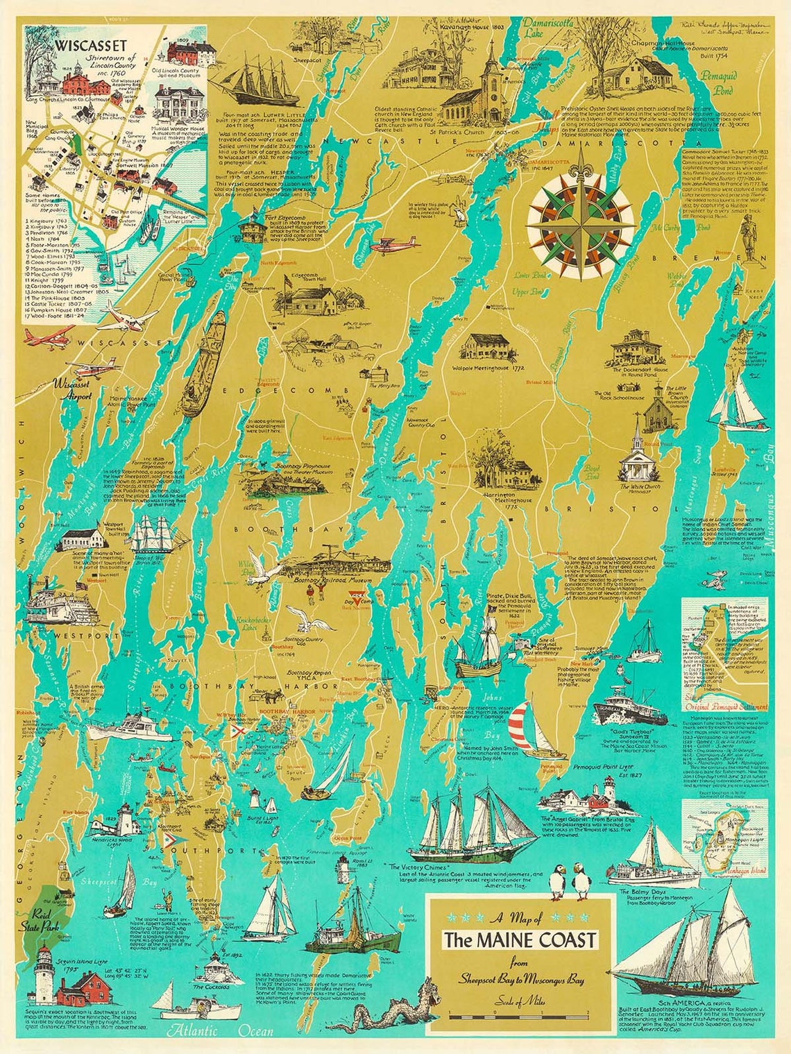 1968 Maine Coast Map Maine Poster Print Pictorial Maine | Etsy