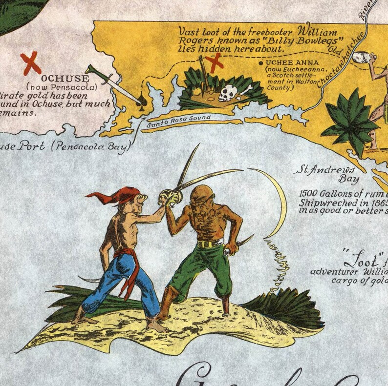 1960 Florida Pictorial Map Old Pirate Treasure Map Florida Poster Print ...