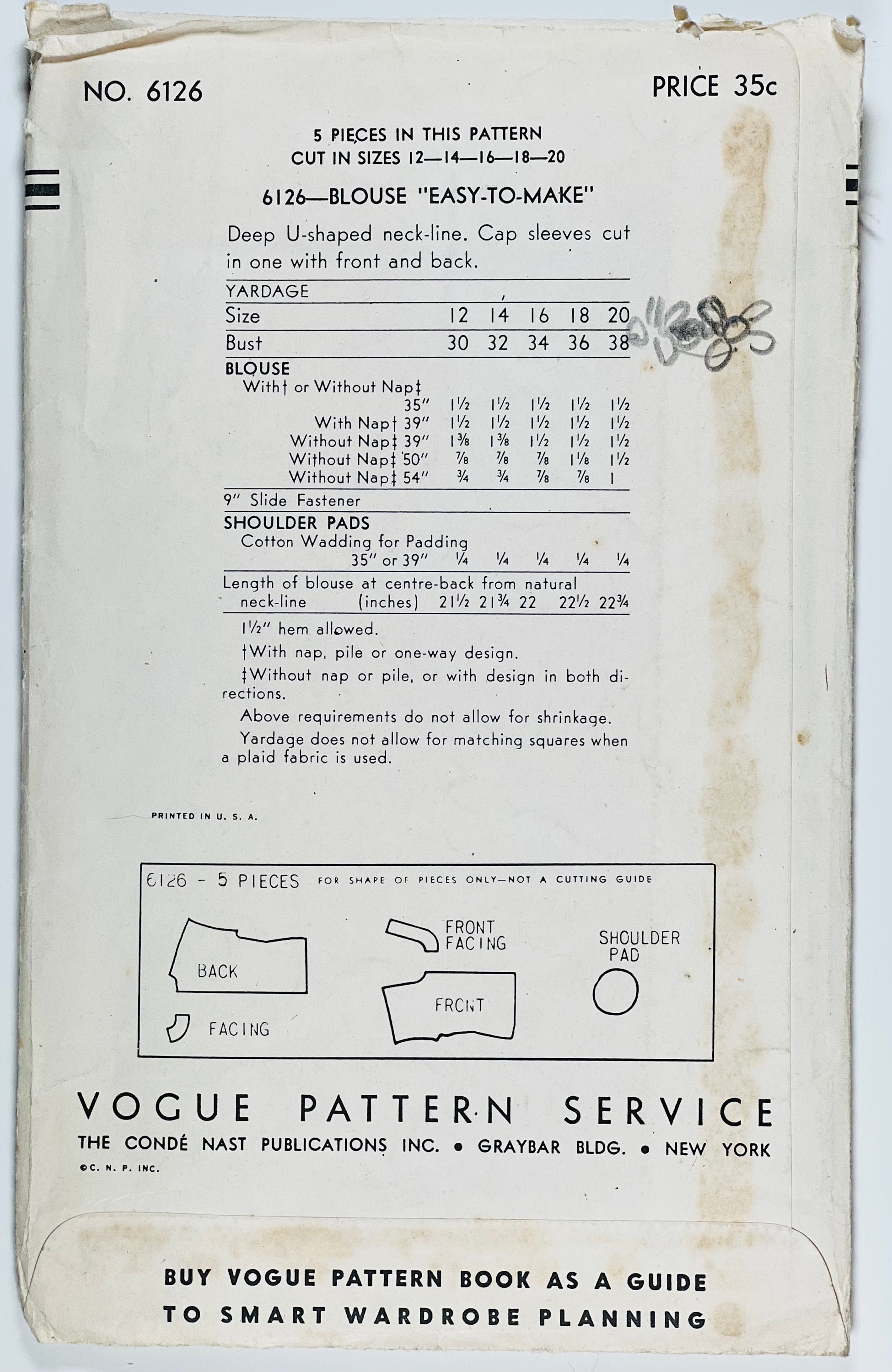 1940's Vintage Sewing Pattern Misses Blouse Bust 32