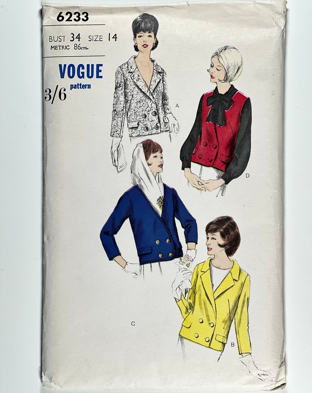 1960's Vintage Vogue 6358 Sewing Pattern Misses Double Breasted Jacket ...