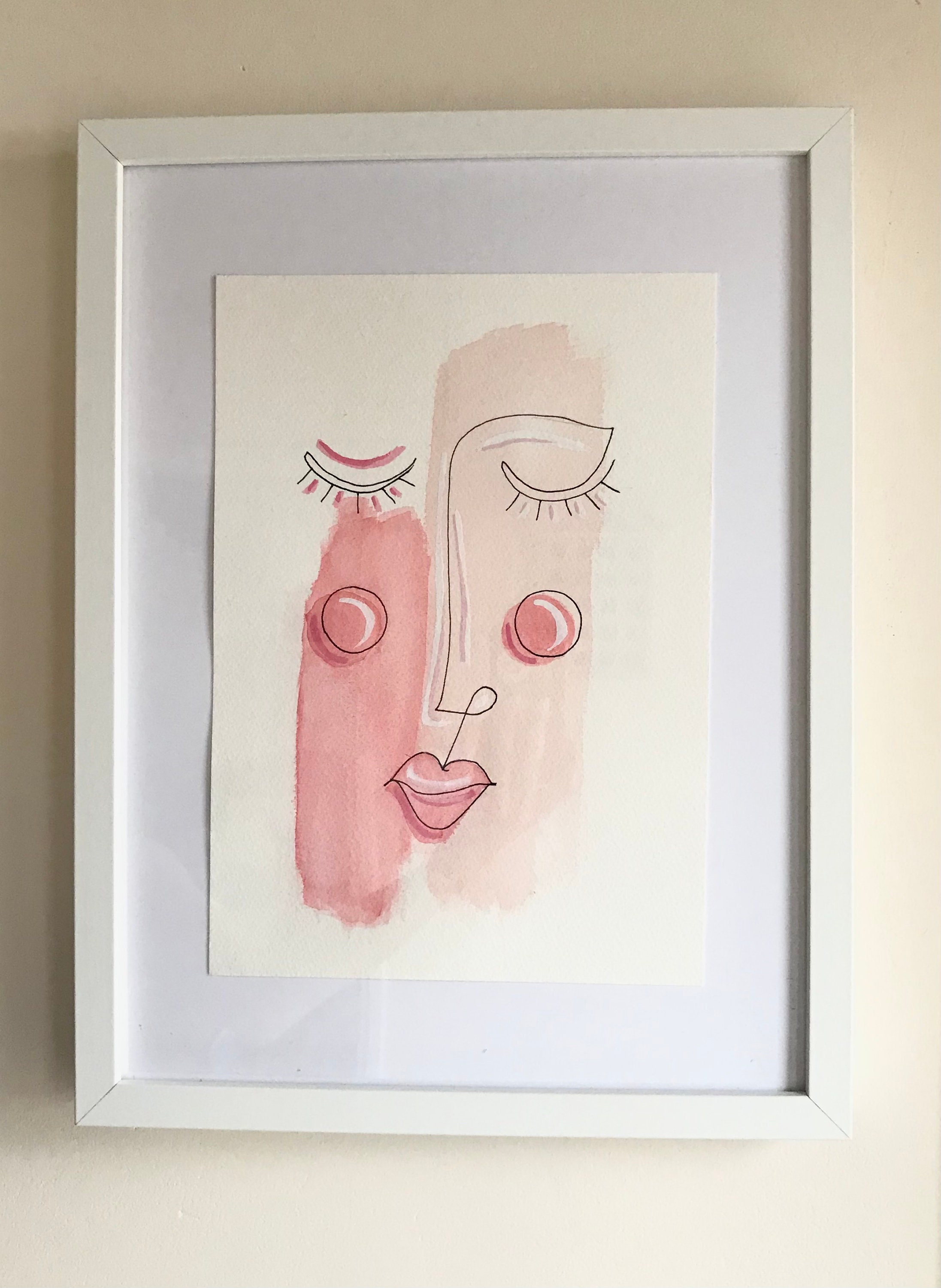 A4 Face Line Drawing Watercolour Art | Continuous Line Wall Art | Pink ...