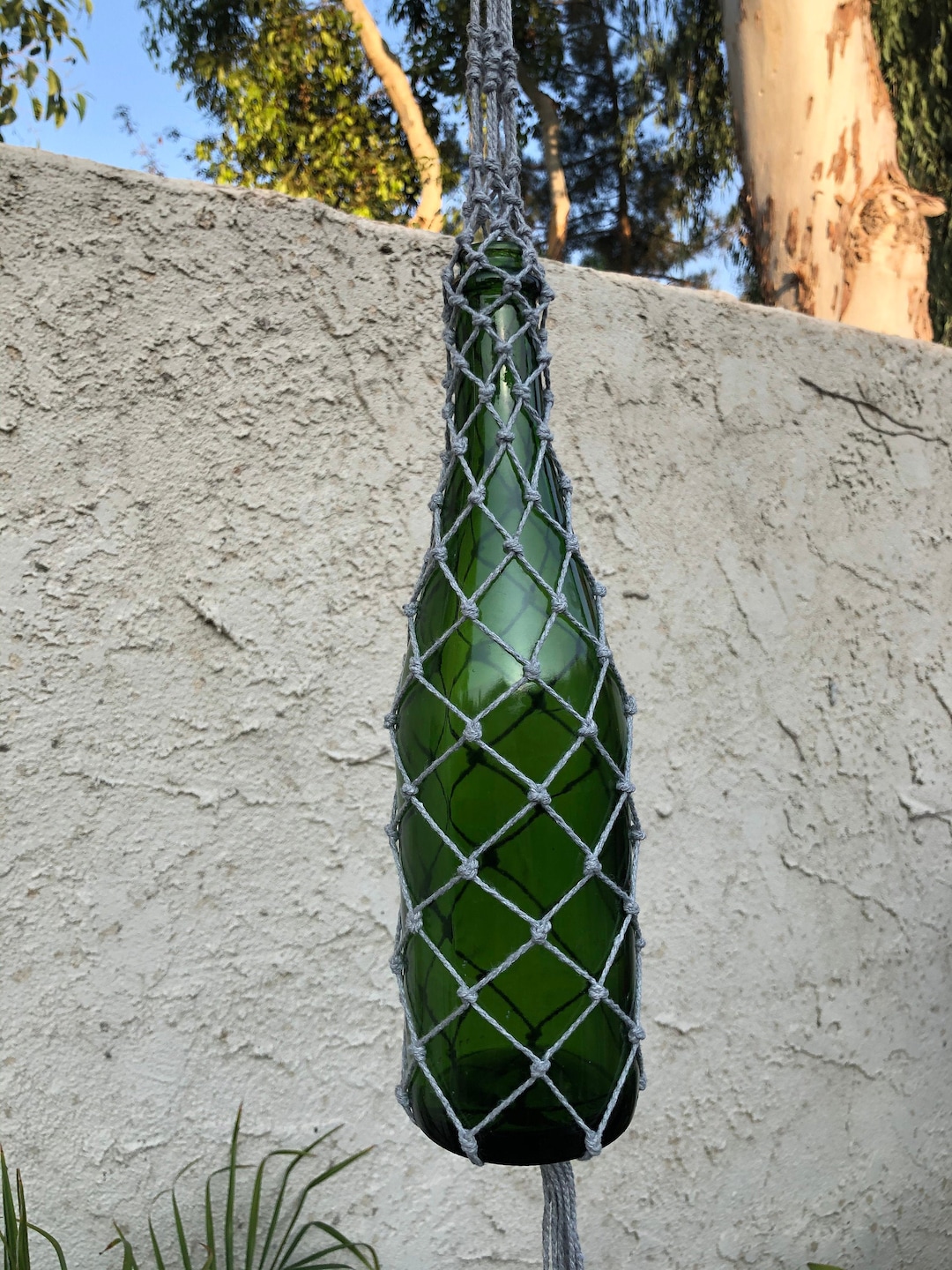 12” Green Glass Bottle, Fishnet Tied With Grey Cotton Cording, White ...