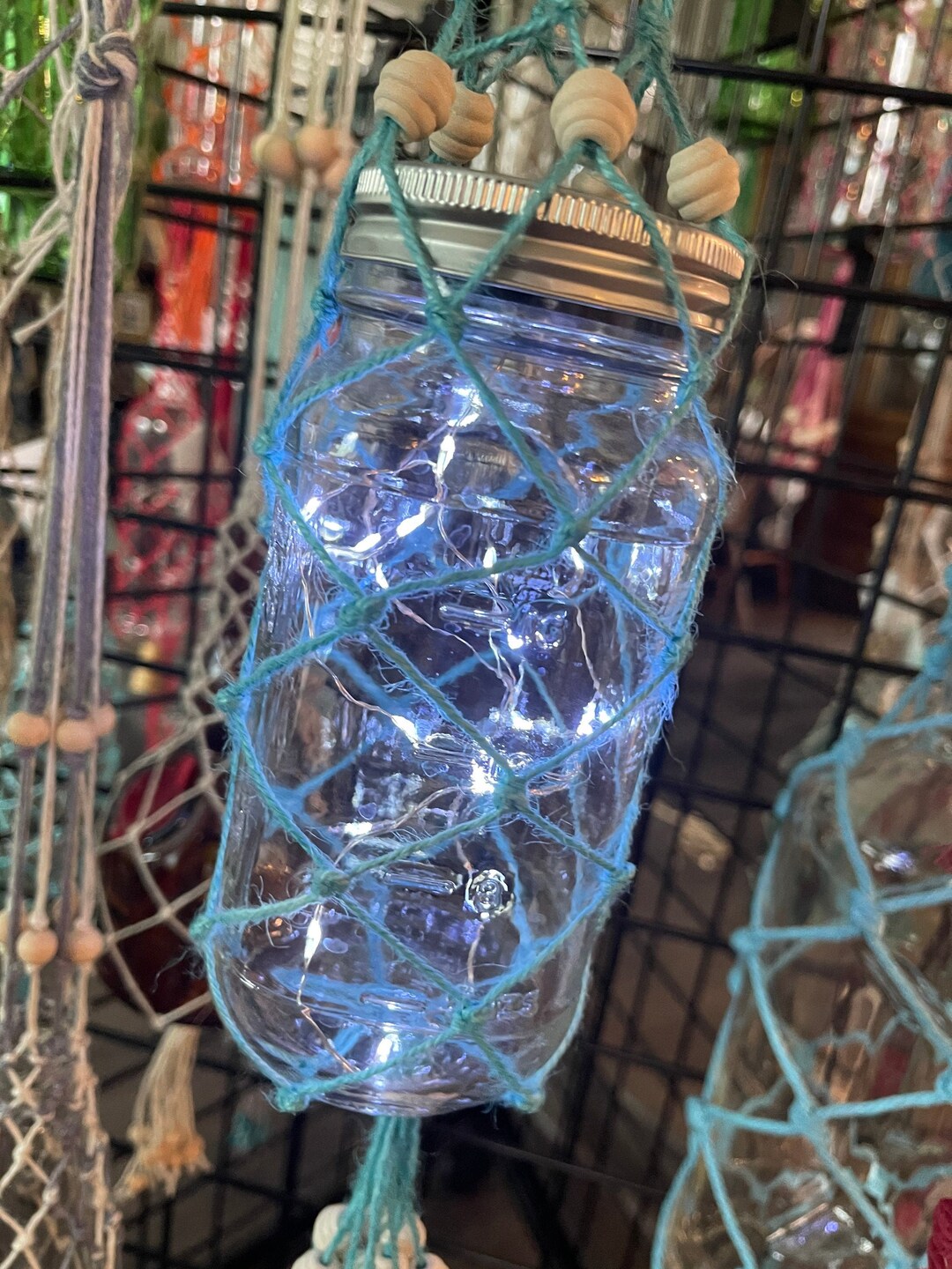 7" Solar Hanging Mason Jar - Turquoise Jute Fishnet Tied, Wood Bead ...
