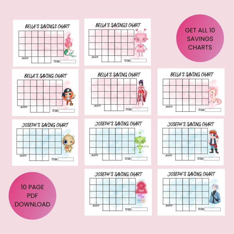 Personalised Savings Chart Printable Bundle | 10 Fun Kids Pocket Money ...