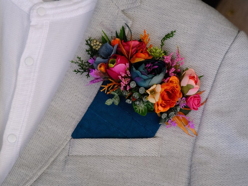 Colorful Pocket Boutonniere Pink Orange Teal Wedding Flowers Groom ...