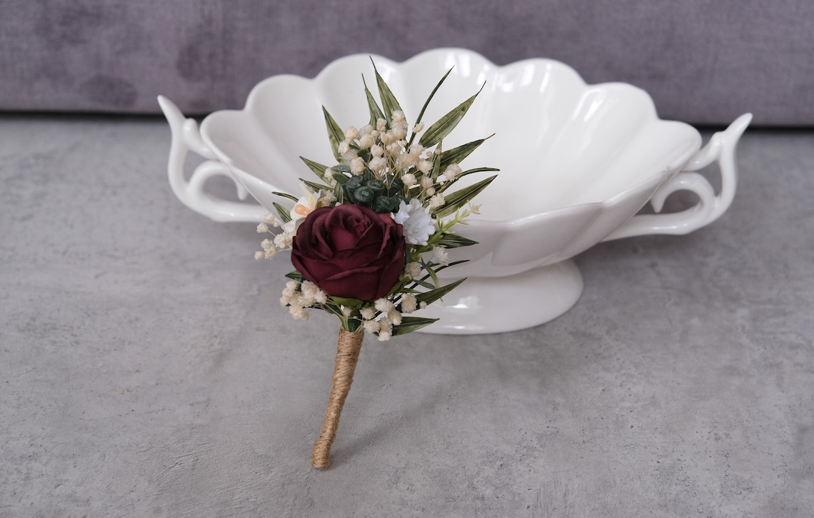 Burgundy Ivory Boutonniere Buttonhole Wedding Flowers Groom Wedding ...