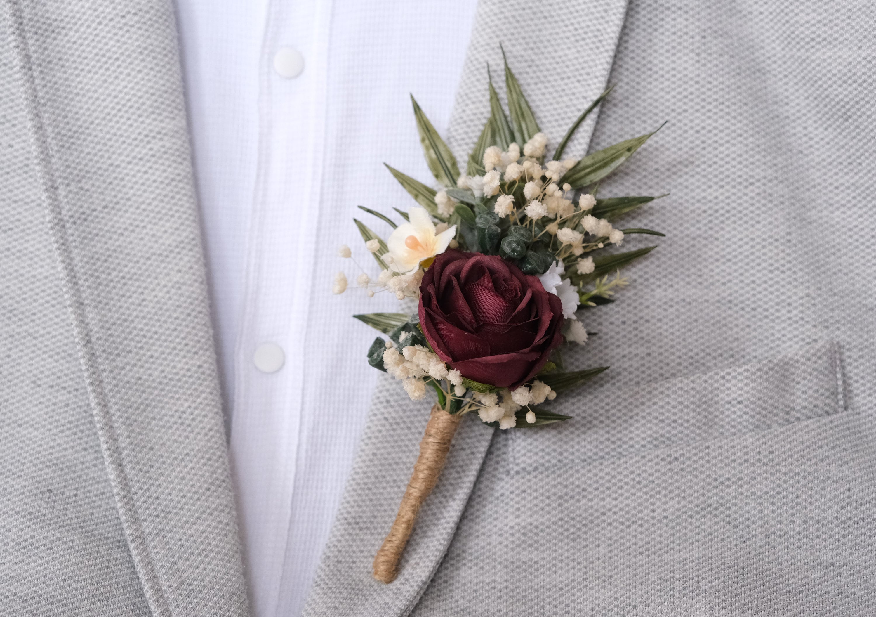 Burgundy Ivory Boutonniere Buttonhole Wedding Flowers Groom Wedding ...