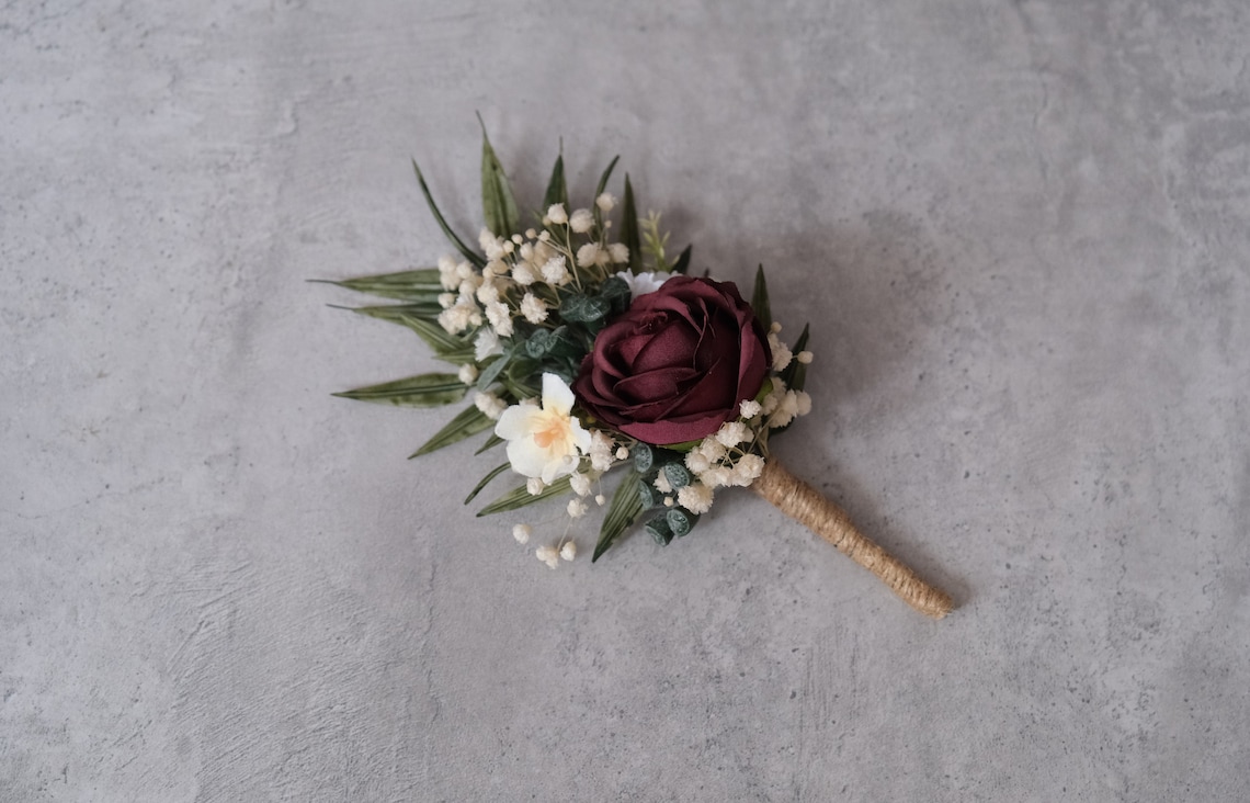 Burgundy Ivory Boutonniere Buttonhole Wedding Flowers Groom Wedding ...