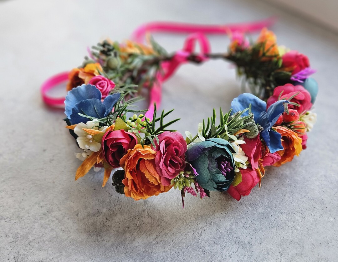 Colorful Flower Crown Pink Orange Teal Wedding Flowers Flower Girl ...