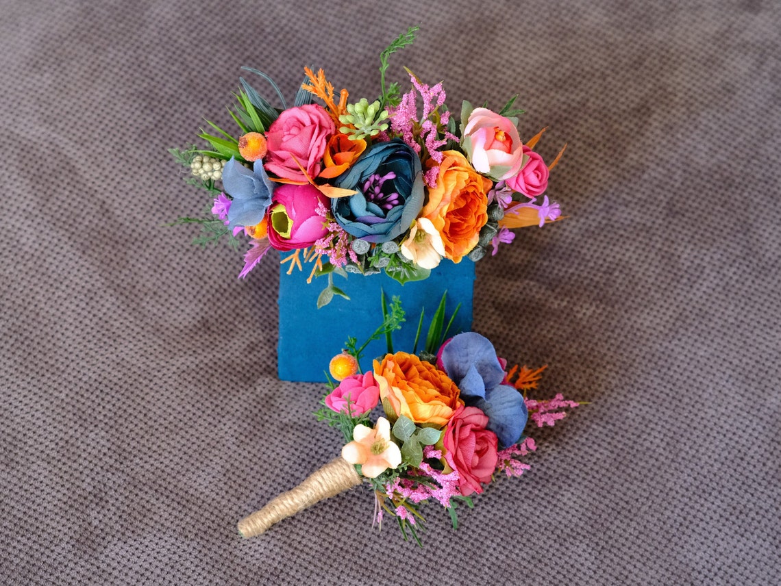 Colorful Pocket Boutonniere Pink Orange Teal Wedding Flowers Groom ...