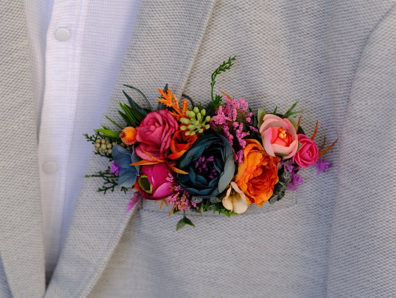 Colorful Pocket Boutonniere Pink Orange Teal Wedding Flowers Groom ...