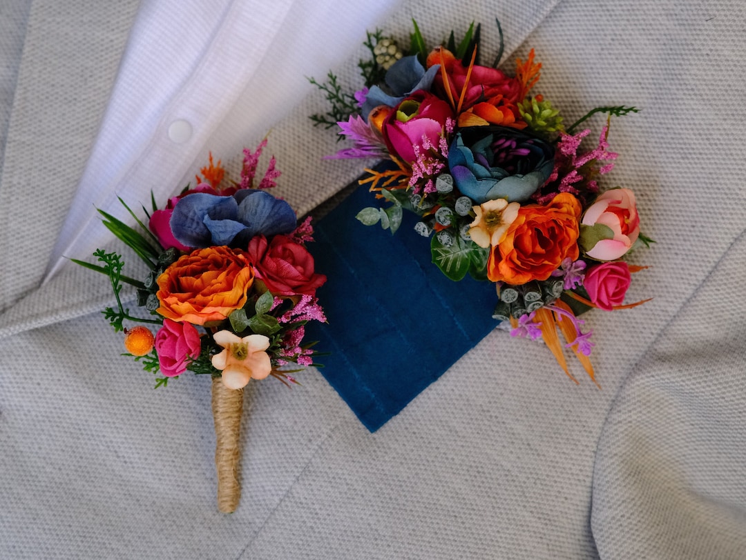 Colorful Pocket Boutonniere Pink Orange Teal Wedding Flowers Groom ...