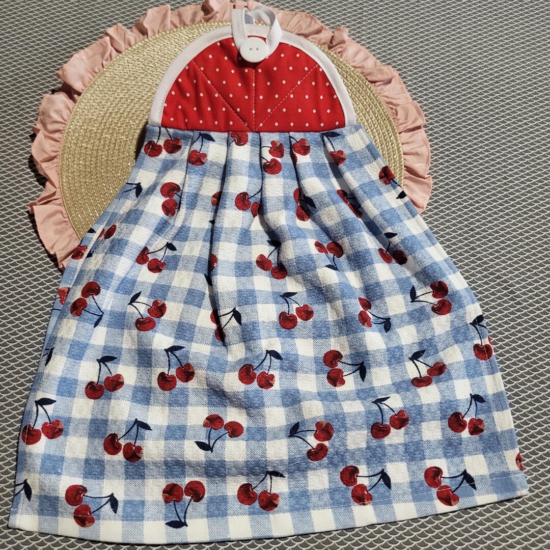 Cherry Hanging Kitchen Towel With Blue Gingham Print, Red Polka Dot ...