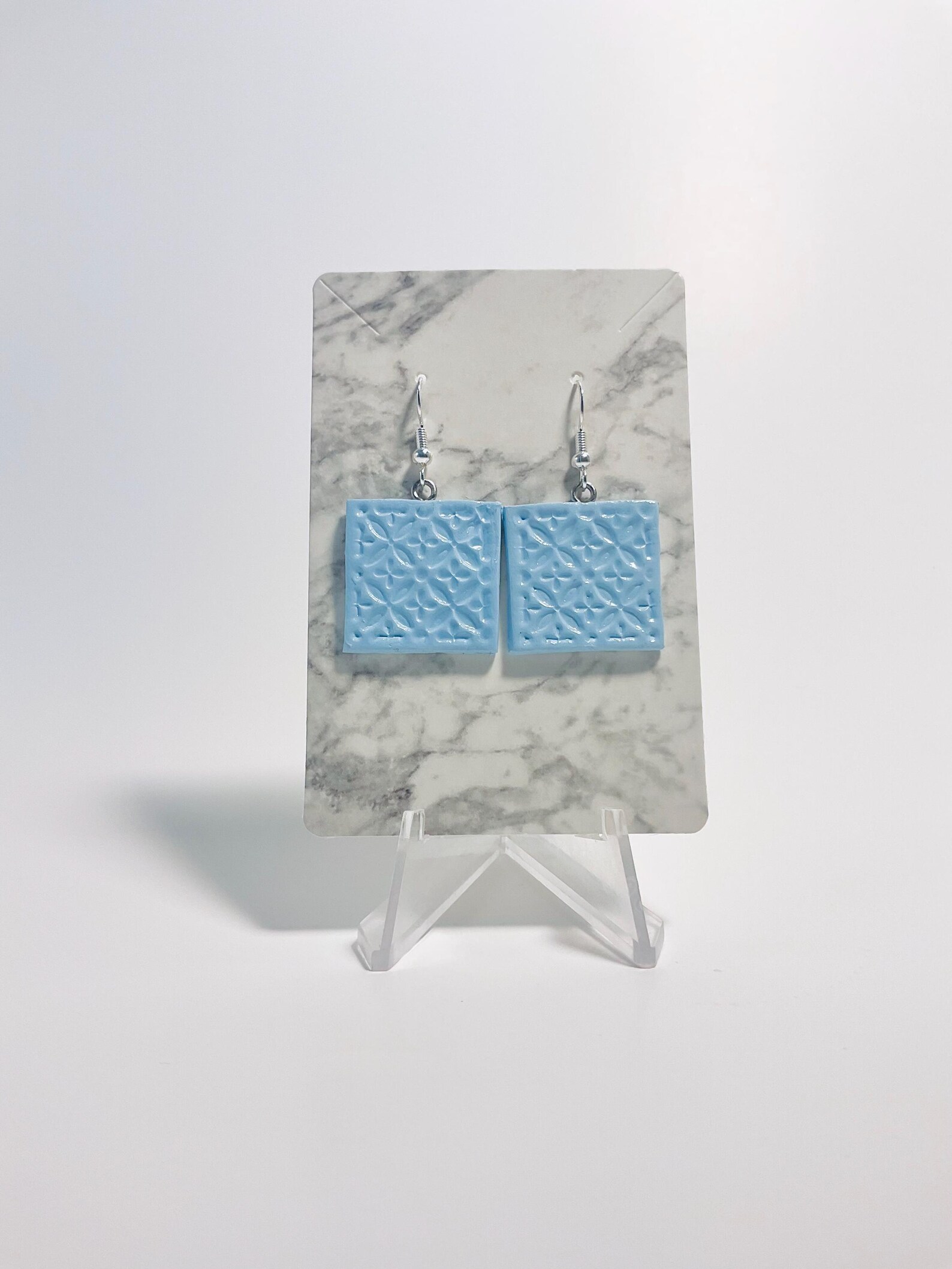Handmade Light Blue Patterned Square Polymer Clay Earrings - Etsy