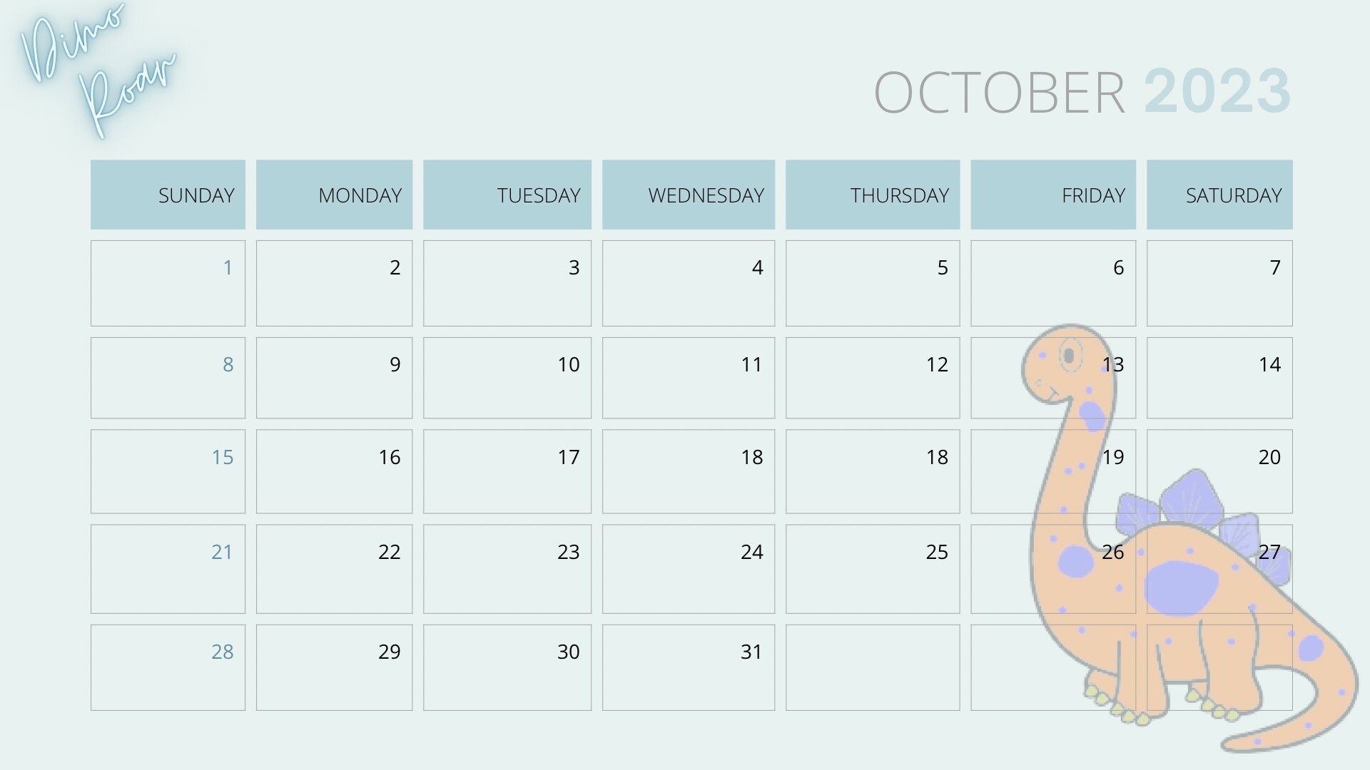 Dinosaur Monthly Calendar Blue. Dino Monthly Planner - Etsy