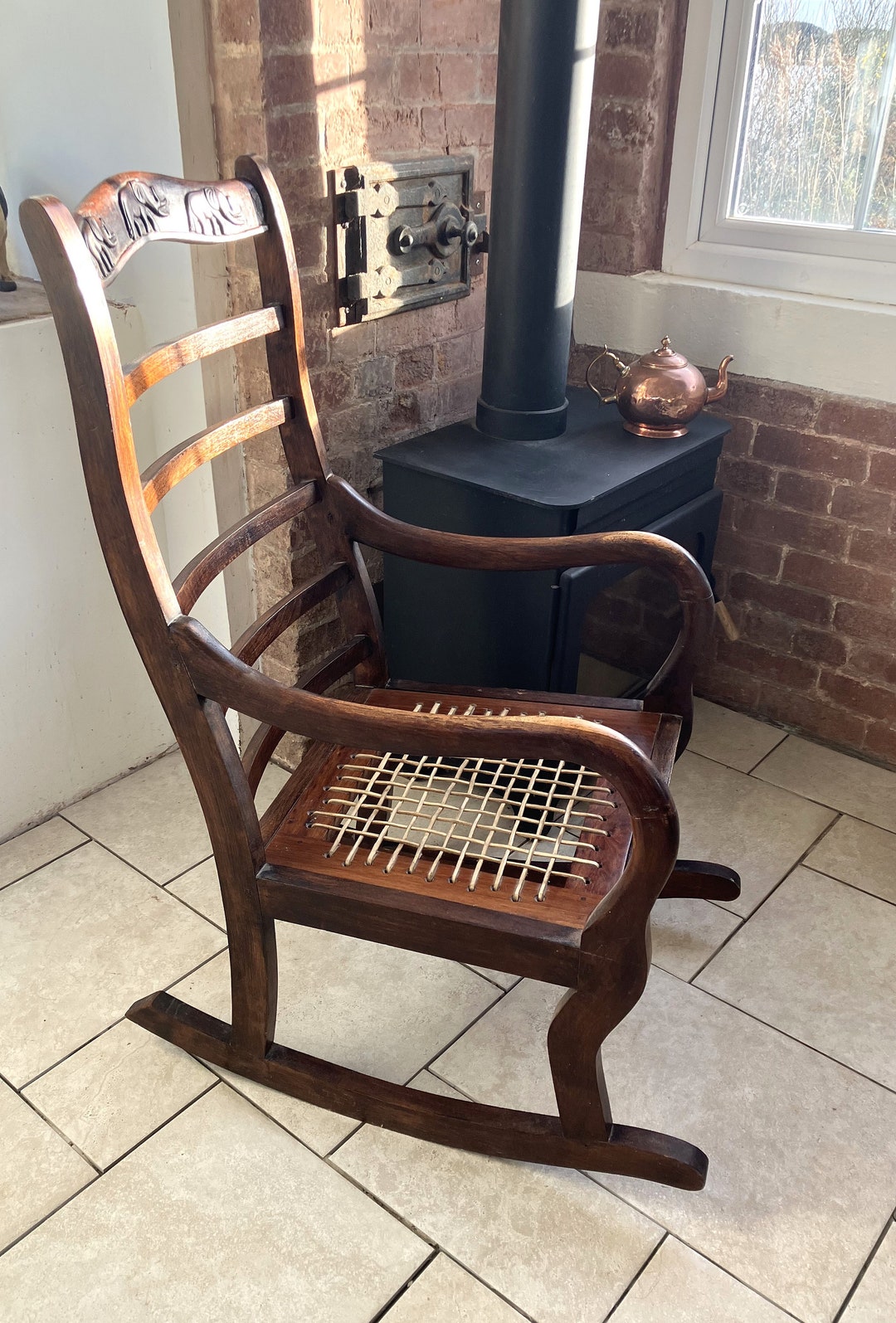 Vintage Rocking Chair Large Ladder Backed Scrolled Arms With Elephant ...