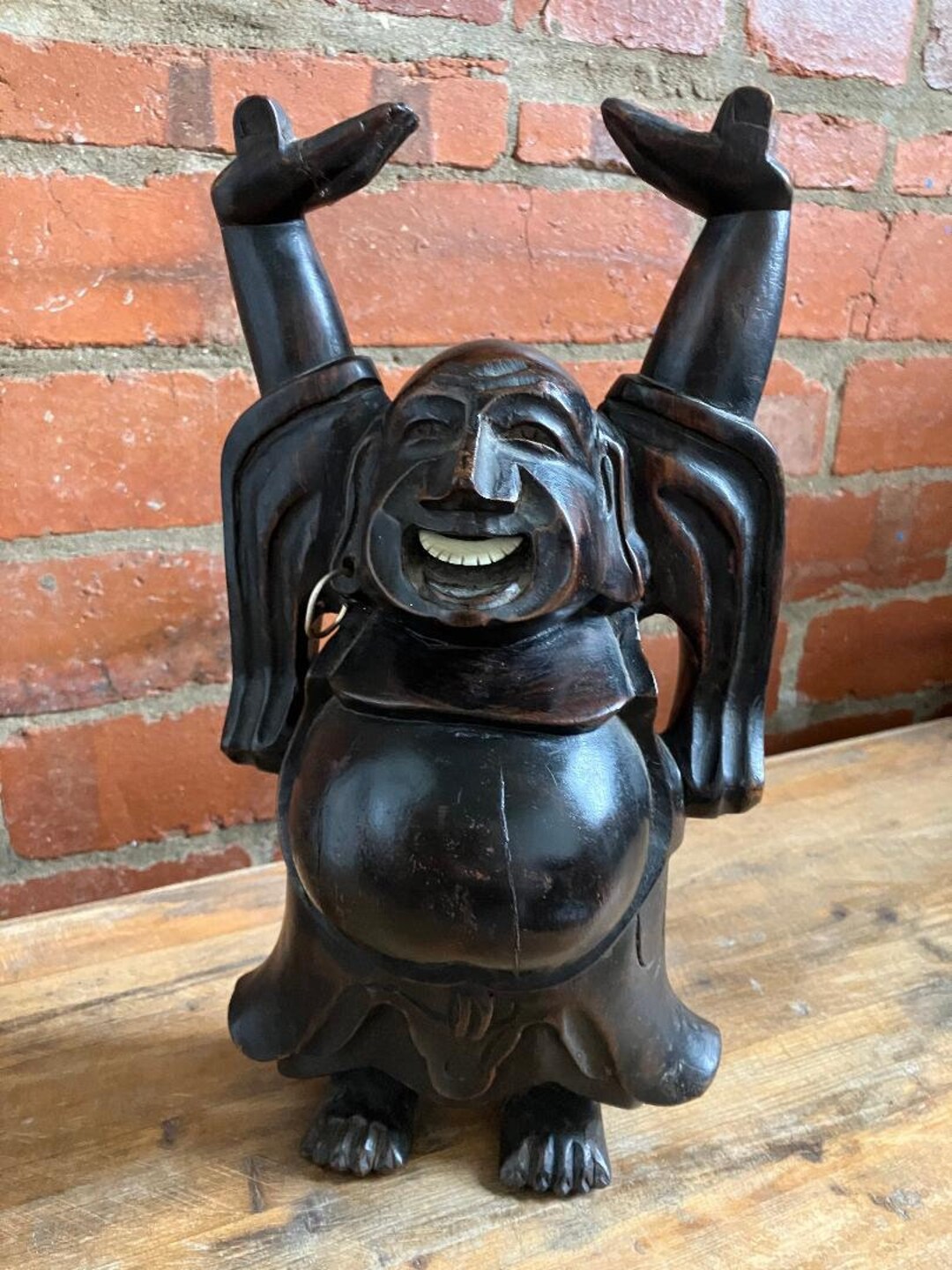 Vintage Buddha Laughing Monk Statue Standing With Arms Raised and Ivory ...