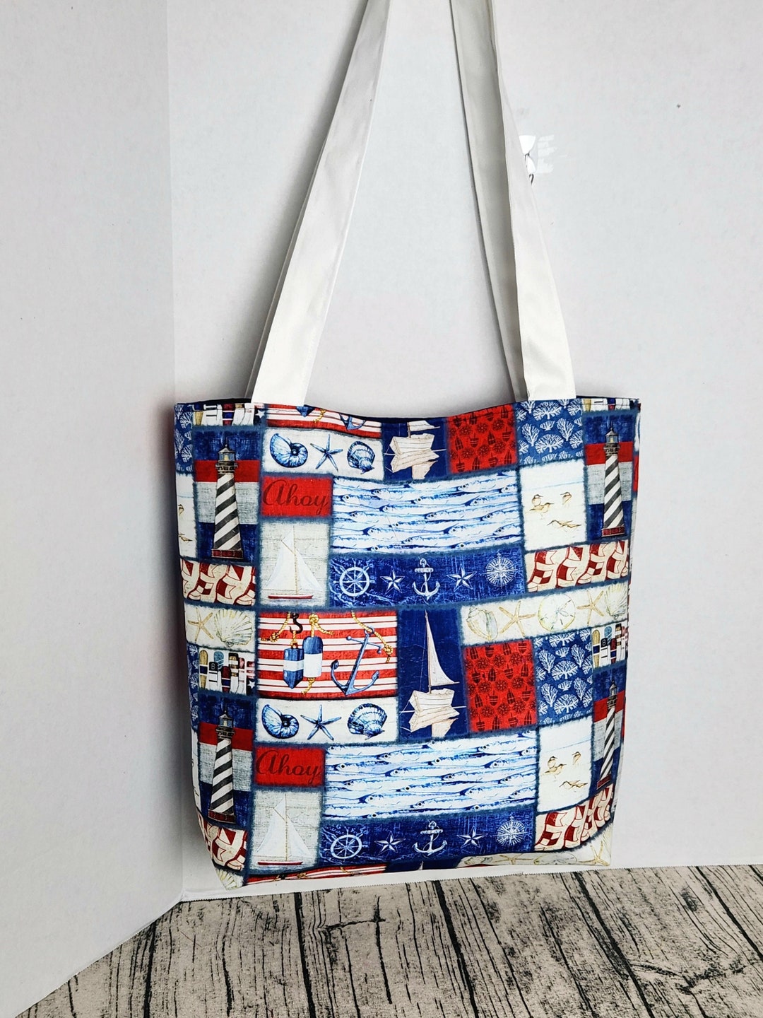 Nautical Tote Bag-seashore Design-large Shoulder Bag-lighthouse Design ...