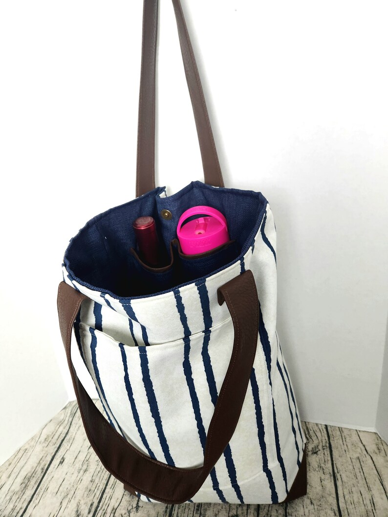 Blue Striped Tote Bag - Large Canvas Bag - Weekender Carryall - Inside ...