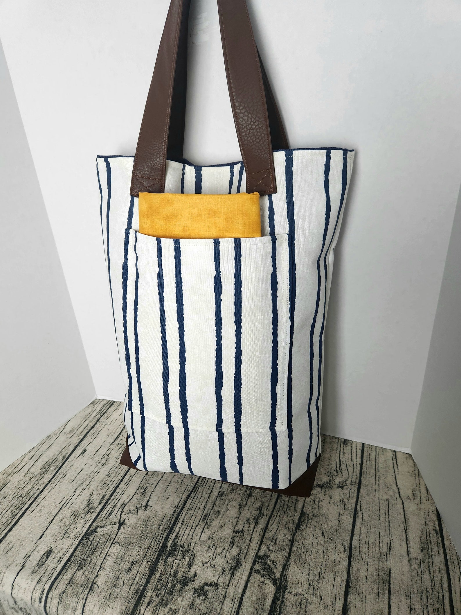 Blue Striped Tote Bag - Large Canvas Bag - Weekender Carryall - Inside ...
