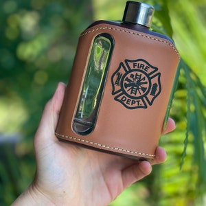 Firefighter Leather Wrapped Flask, Personalize, Fireman, Gift for ...