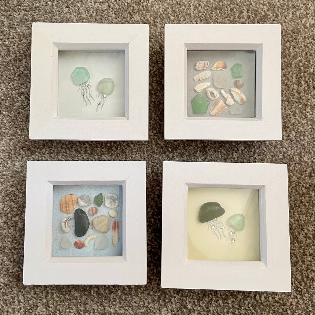 Mini Coastal Picture, Shell Art, Beach Decor, Jellyfish, Coastal Art ...