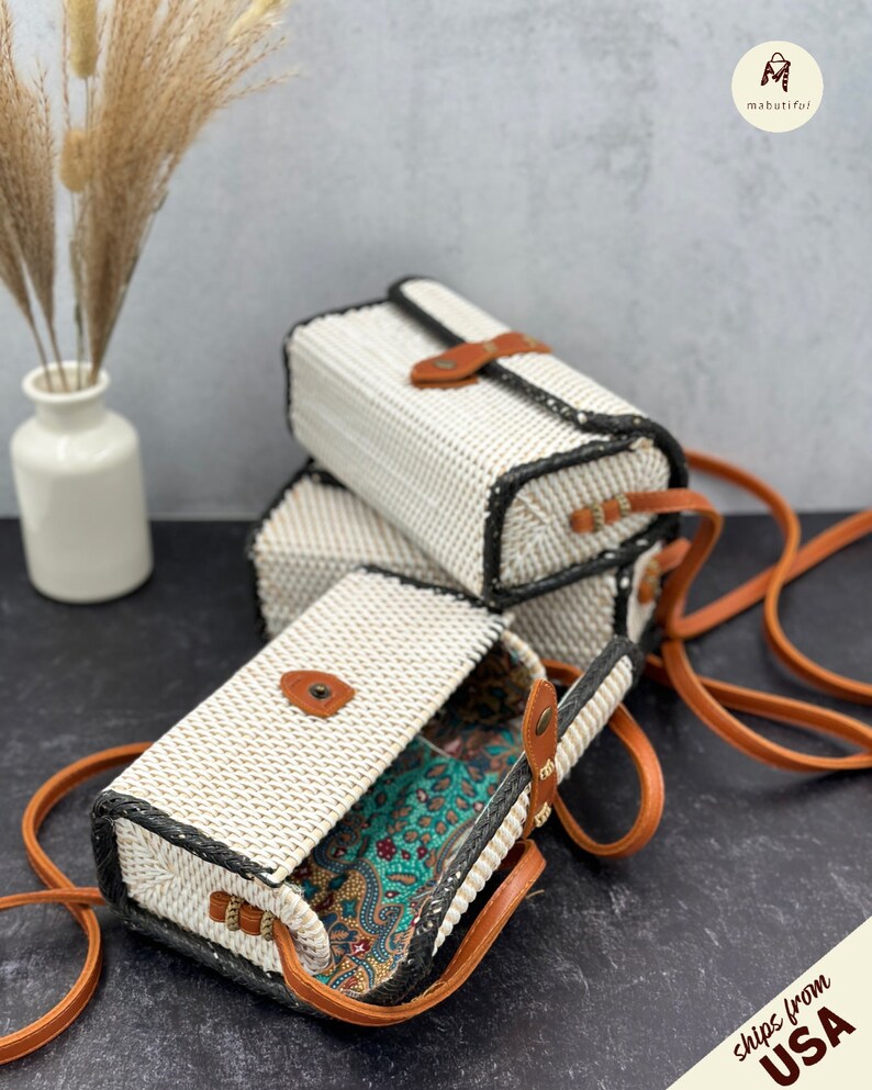 Emerald, White With Black Outline, Rattan Shoulder or Crossbody Bags ...