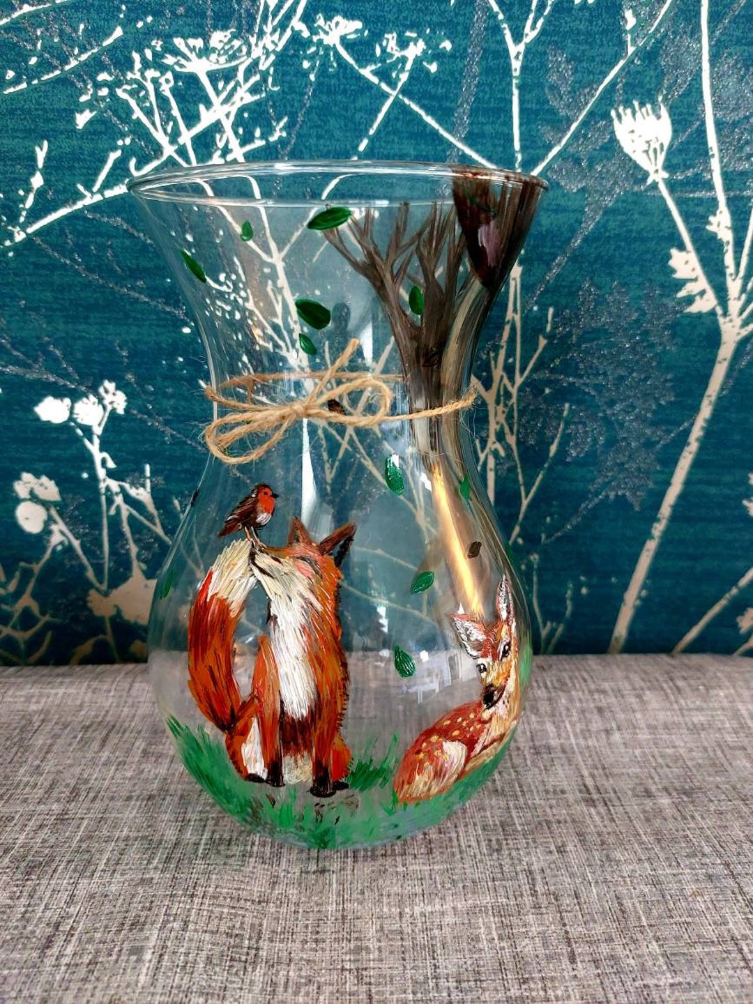 Hand Painted Vase Features Fox , Deer , Robin and Hedgehog. Can Be ...