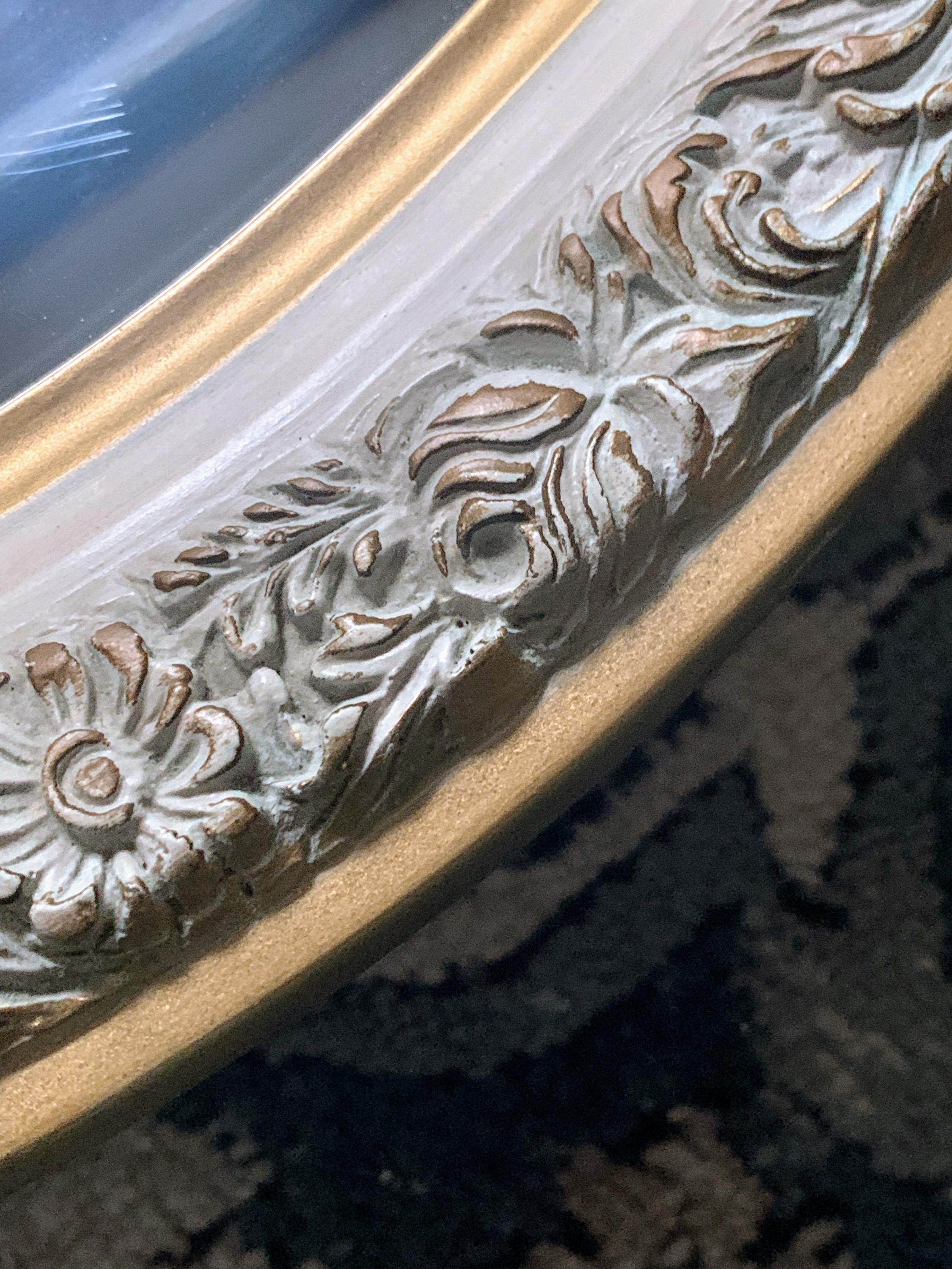 Vintage Oval Raised Floral Motif Cream Gold Distressed Patina Mirror ...