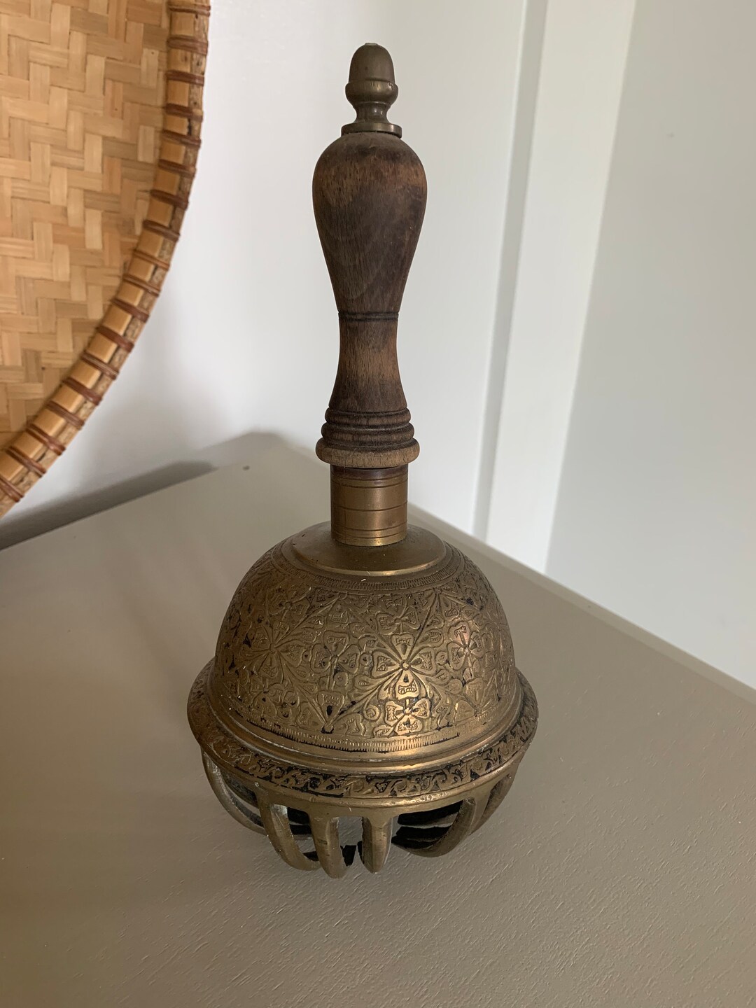 Vintage Elephant Claw Brass Etched Bell With Wooden Handle Large Deep ...